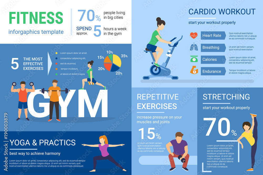 Fitness infographics illustration of people doing workout with graphs ...