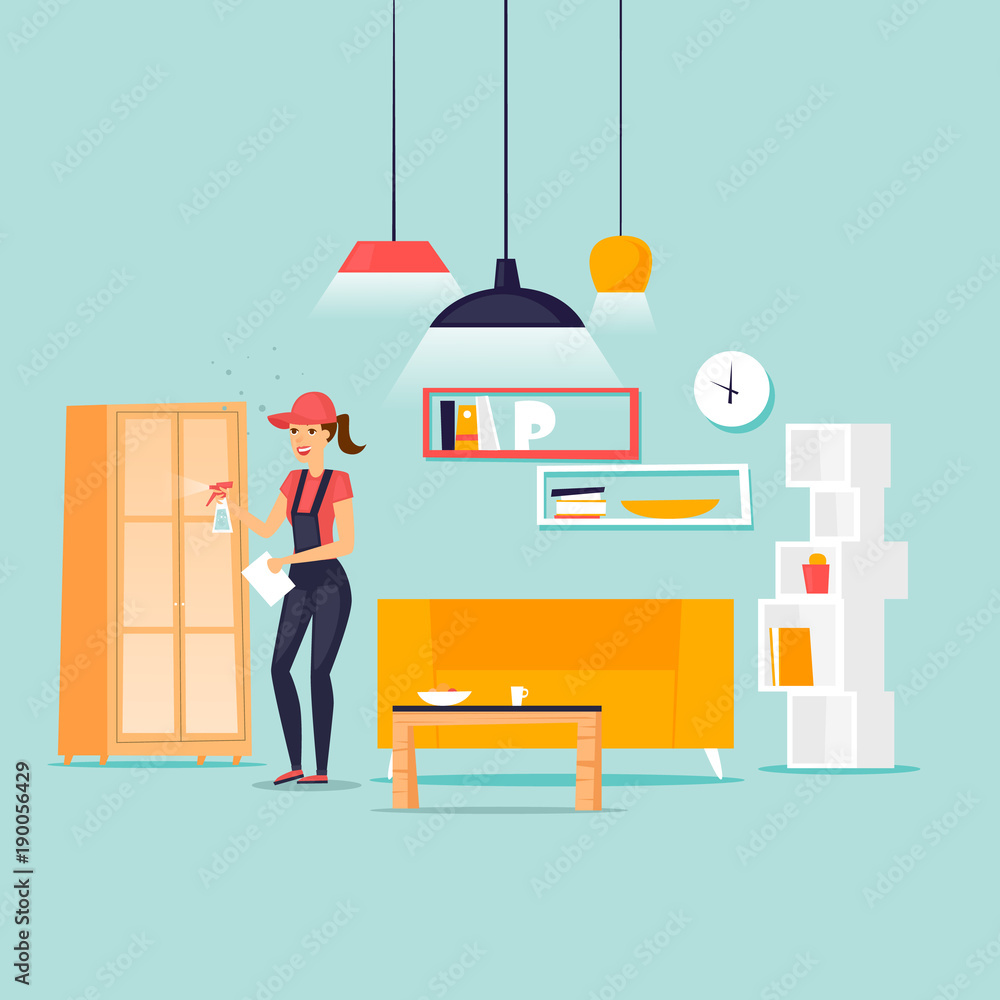 Cleaning of apartments. Woman Cleaner. Interior. Flat vector ...