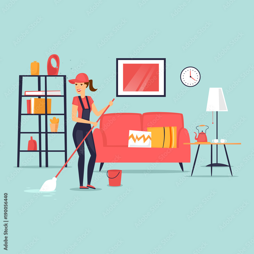 Cleaning of apartments. Woman Cleaner. Interior. Flat vector ...