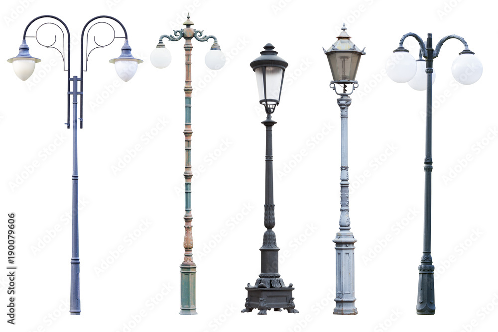 Real vintage street lamp posts and lanterns, set of five outdoor lamp ...