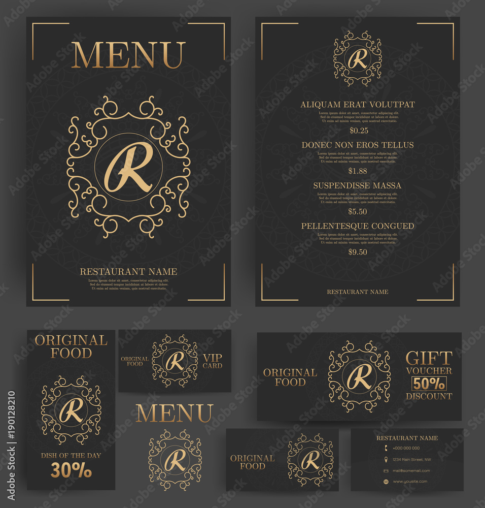 Restaurant menu template. Elegant black and luxury gold. Branding ...