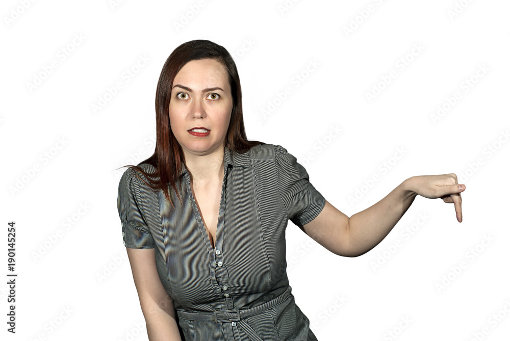 woman on a white background shows a finger at something with an ...