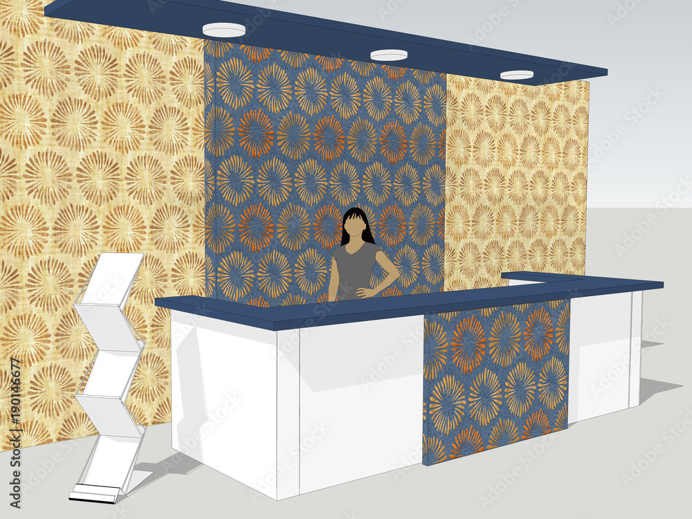 View of reception desk is standing in an office lobby with a interior ...