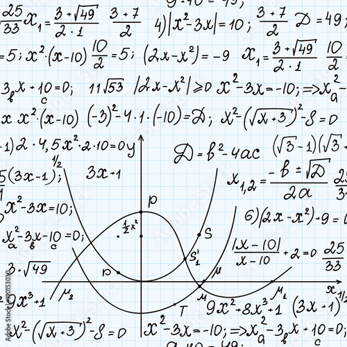 Mathematical vector seamless pattern with algebra calculations, plots ...