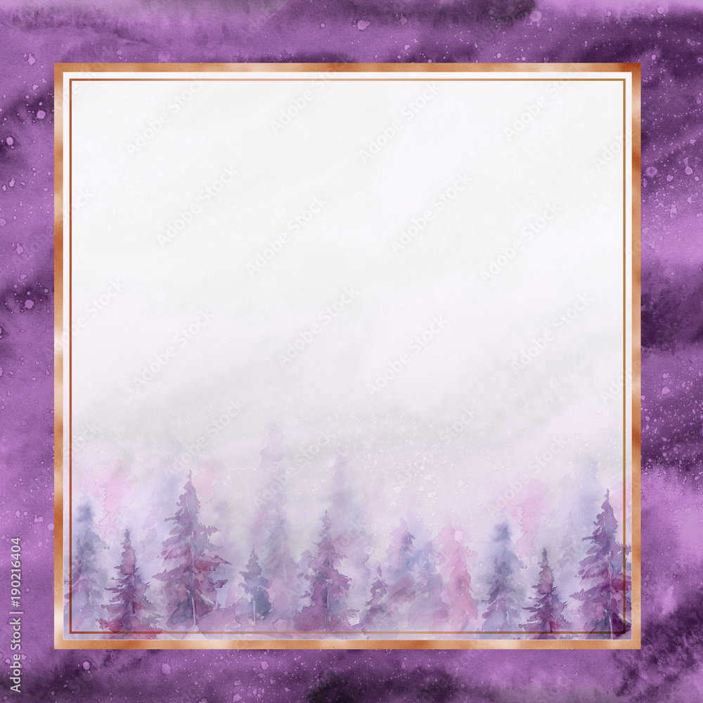 Violet Square watercolor frame. Texture background for design forest ...