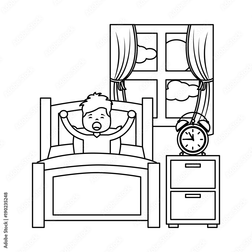 boy wake up stretching in wooden bed room bedside table clock window ...