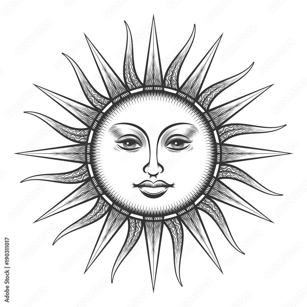 Engraved sun. Antique sun face scratching etching pagan universe symbol ...