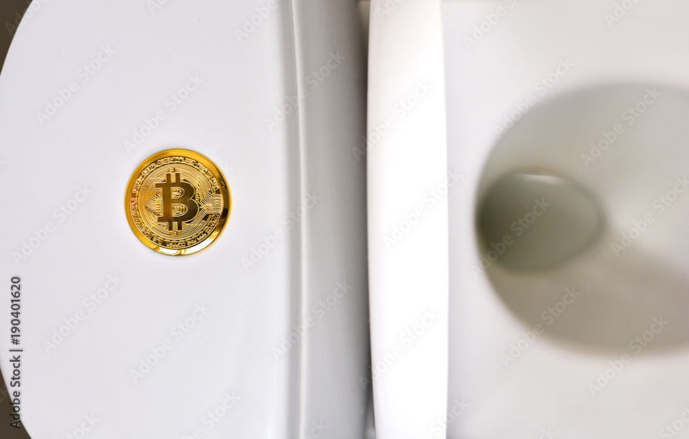Bitcoin as a button of a toilet cistern. The concept of spending money ...