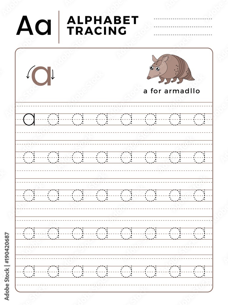 Letter A Alphabet Tracing Book with Example and Funny Armadillo Cartoon ...