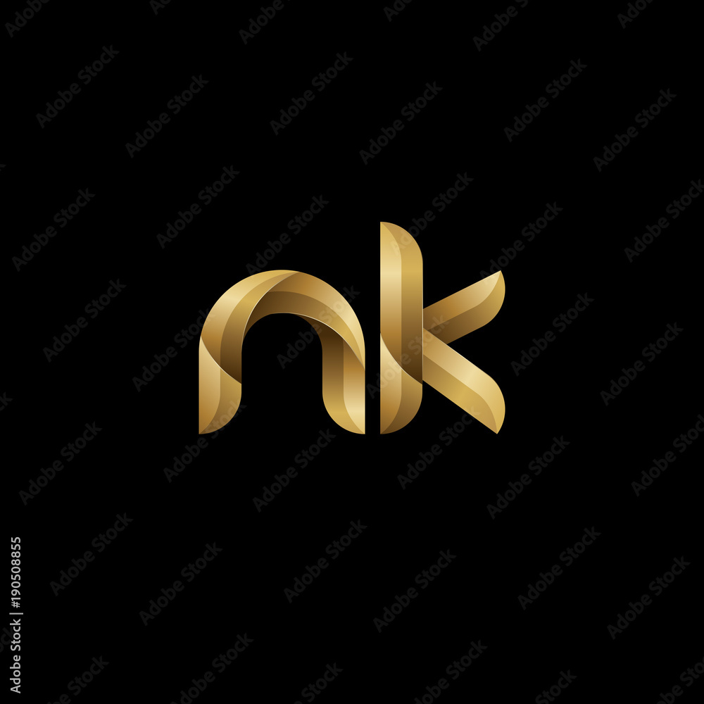 Initial lowercase letter nk, swirl curve rounded logo, elegant golden ...