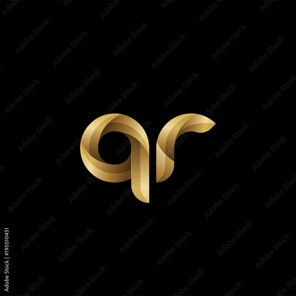 Initial lowercase letter qr, swirl curve rounded logo, elegant golden ...
