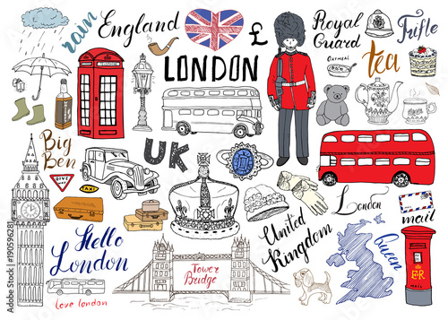 London city doodles elements collection. Hand drawn set with, tower ... London city doodles elements collection. Hand drawn set with, tower ...