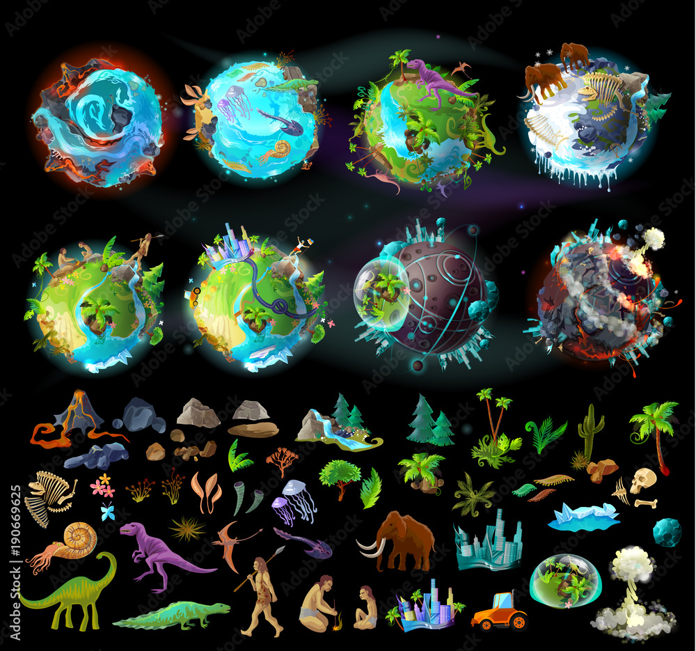 Stages of Earth evolution, vector cartoon creation set with various ...