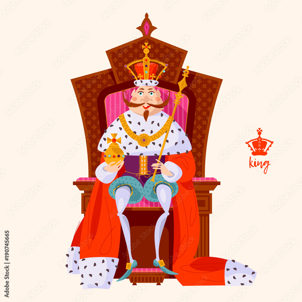 King wearing a crown and royal mantle, sitting on a throne. Vector ...