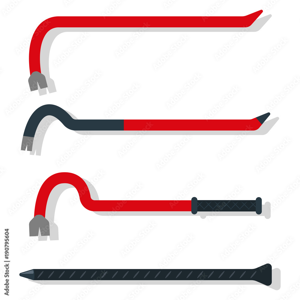 Crowbar tool in different forms. Vector cartoon set of flat icons ...