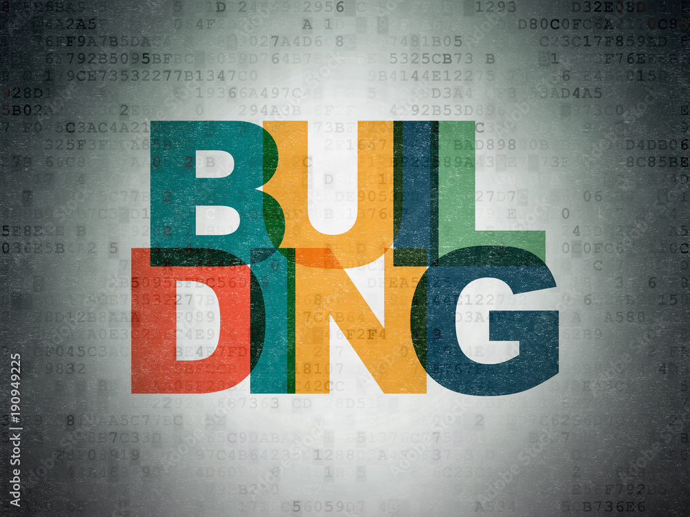 Building construction concept: Painted multicolor text Building on ...