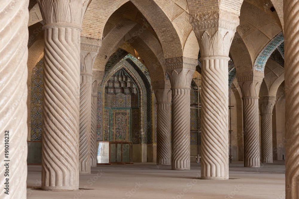 Columns of Nasir al-Mulk Mosque in Shiraz, Iran. Old Iranian mosque ...