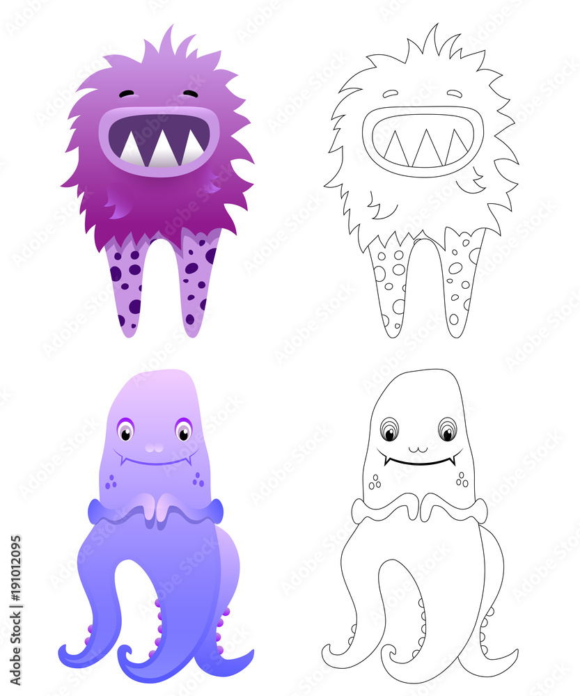 Childrens coloring page with funny cartoon monsters Stock Vector ...