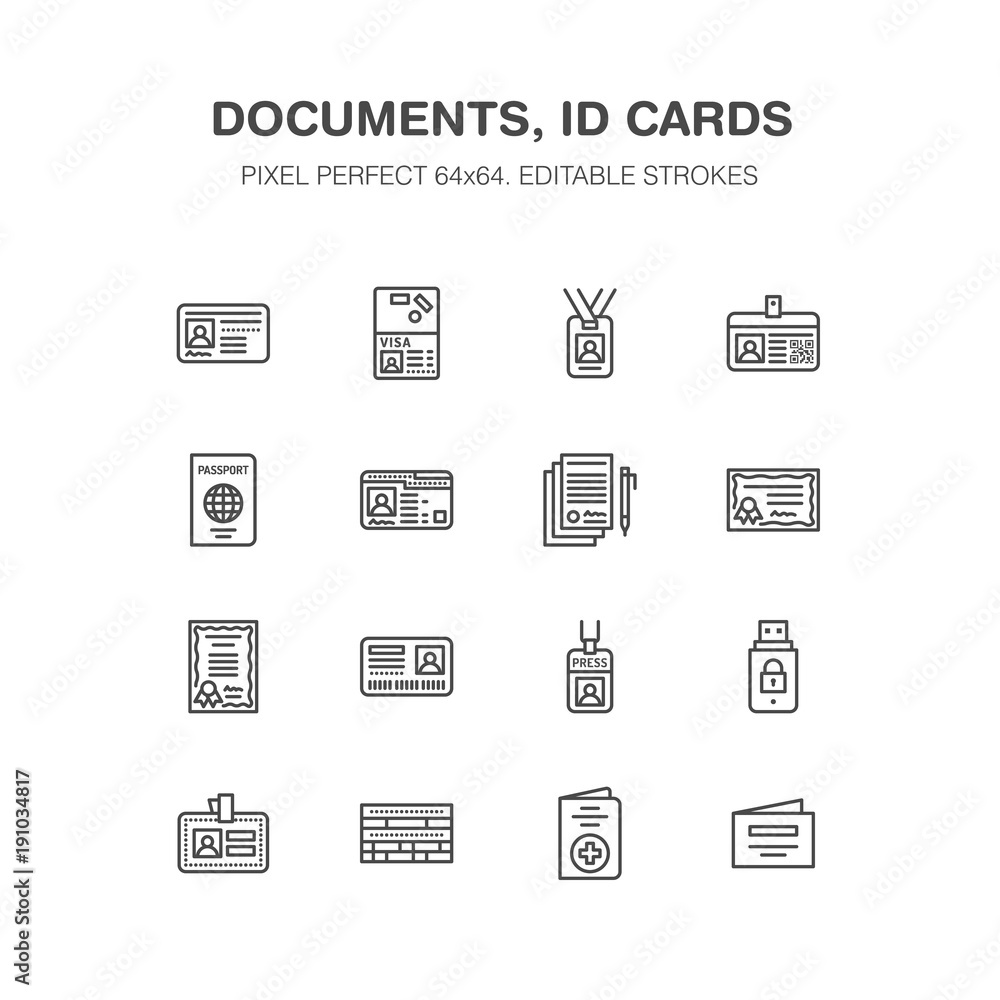 Vector de Stock Documents, identity vector flat line icons. ID cards ...