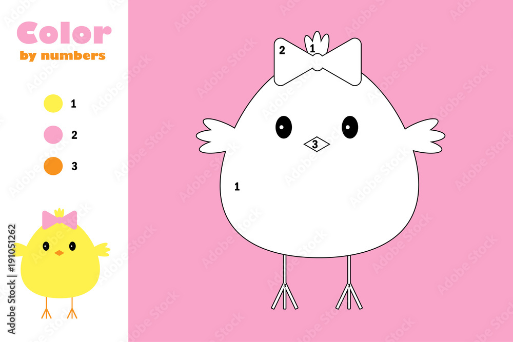 Chick in cartoon style, color by number, easter education paper game ...