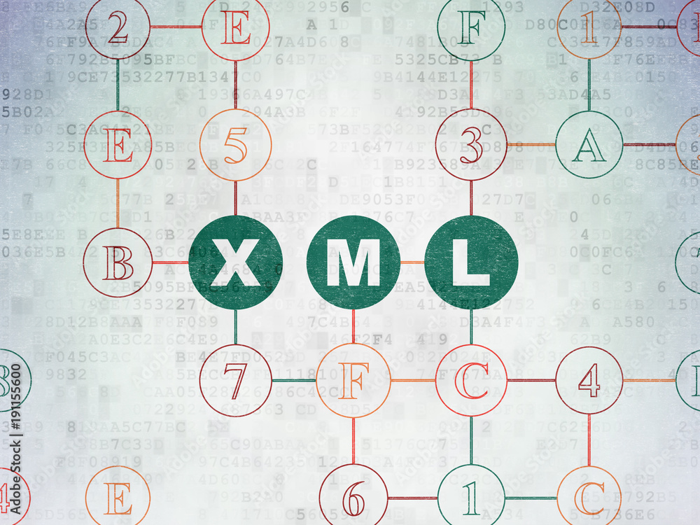 Database concept: Painted green text Xml on Digital Data Paper background with Hexadecimal Code ...