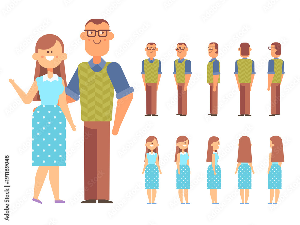Vector couple for animation. Front, side, back view man and female ...