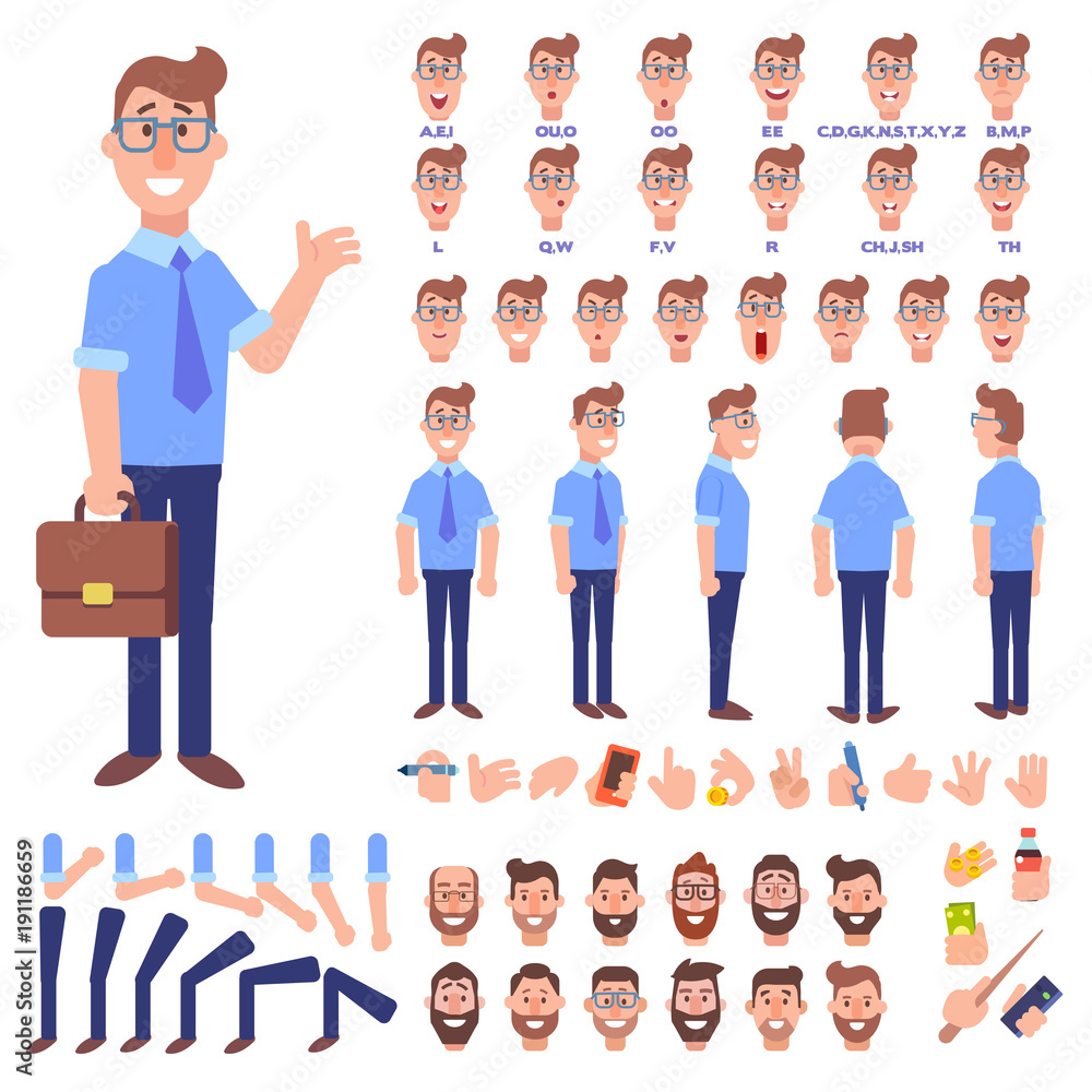 Front, side, back view animated character. Business man character ...