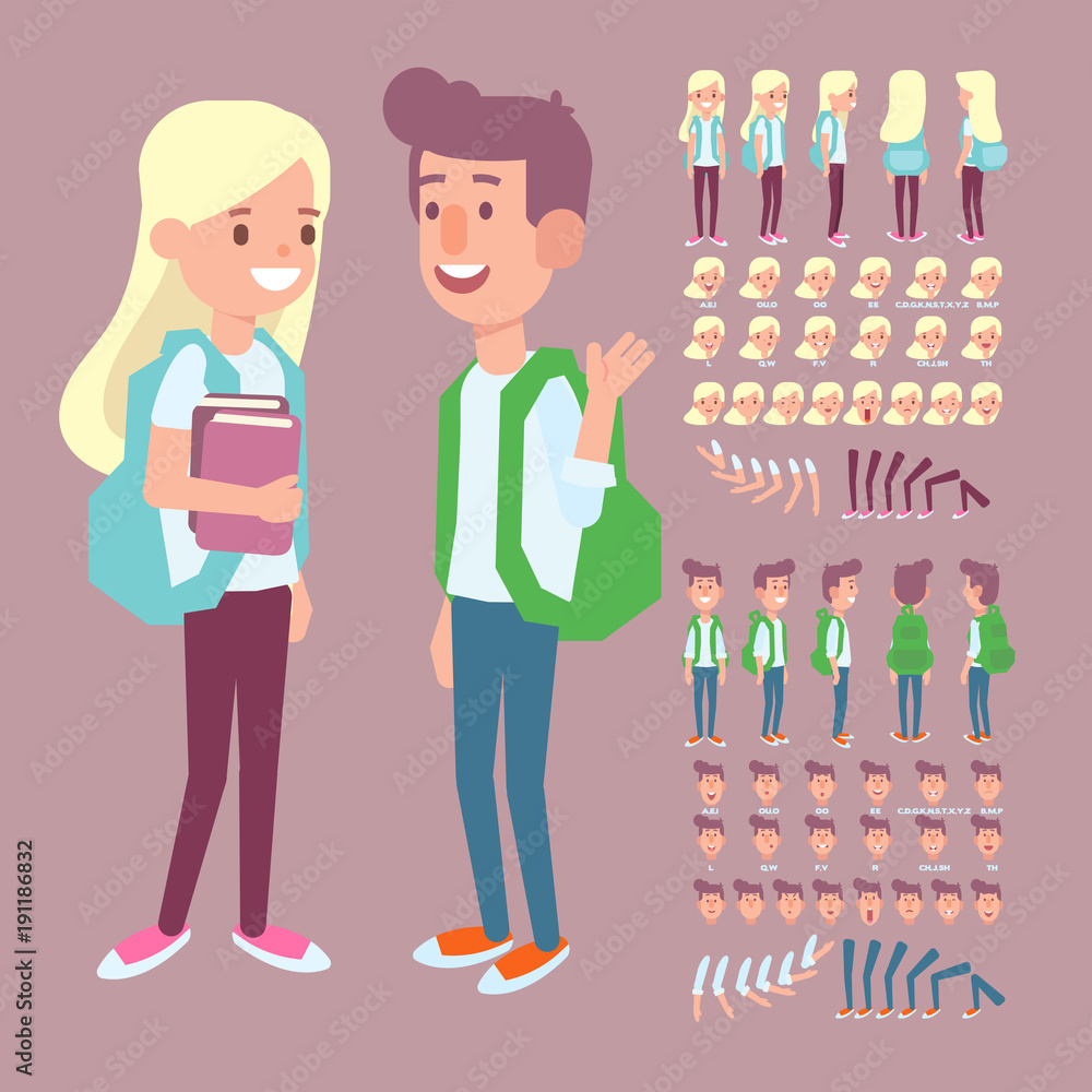 Front, side, back view animated character. Girl and boy friends creation set with various views ...