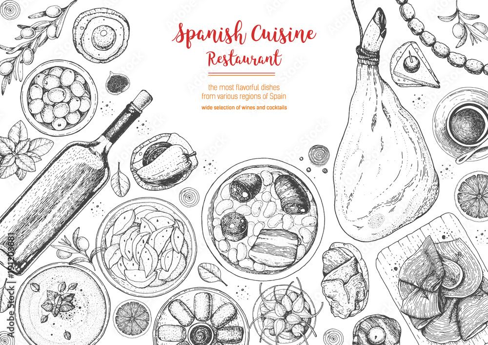 Spanish cuisine top view frame. A set of spanish dishes with jamon ...