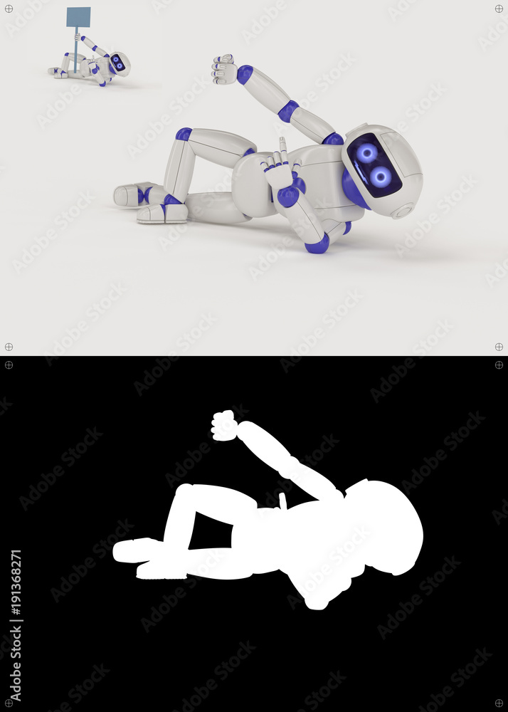 Humanoid robot lying down points to an imaginary object in his hand. 3D ...