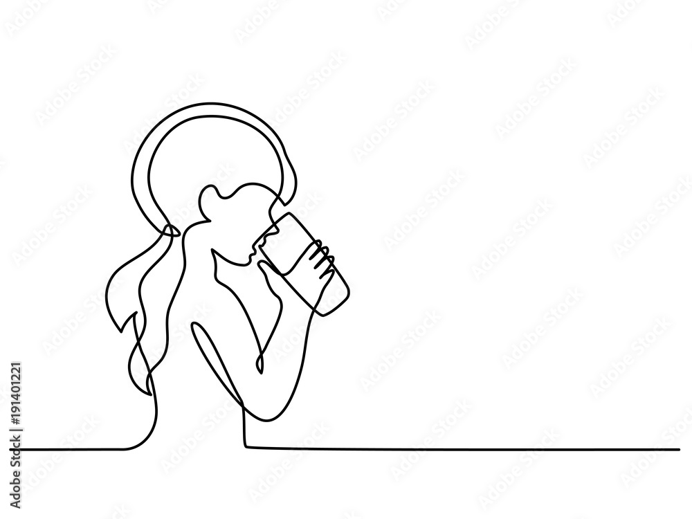 Continuous line drawing. Girl drinking water from glass. Vector ...