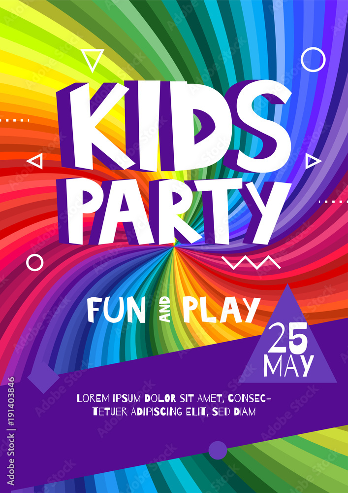 Kids party letter sign poster. Cartoon letters and shapes in abstract ...