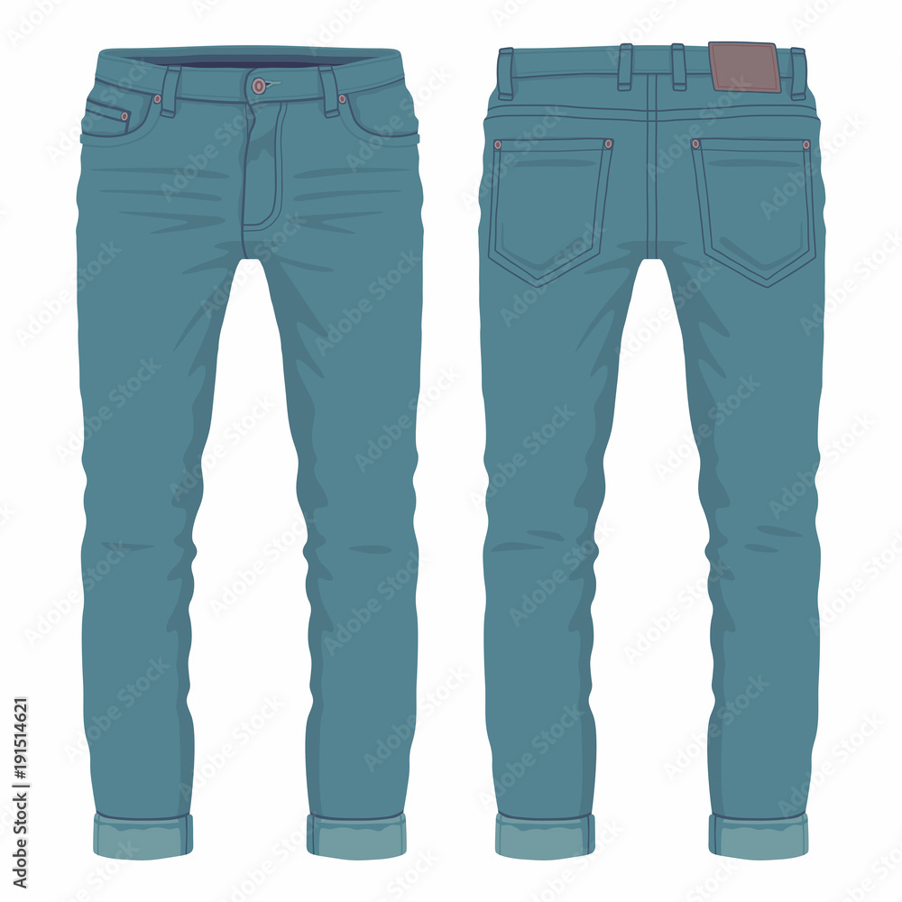 Men's dark blue jeans. Front and back views on white background Stock ...