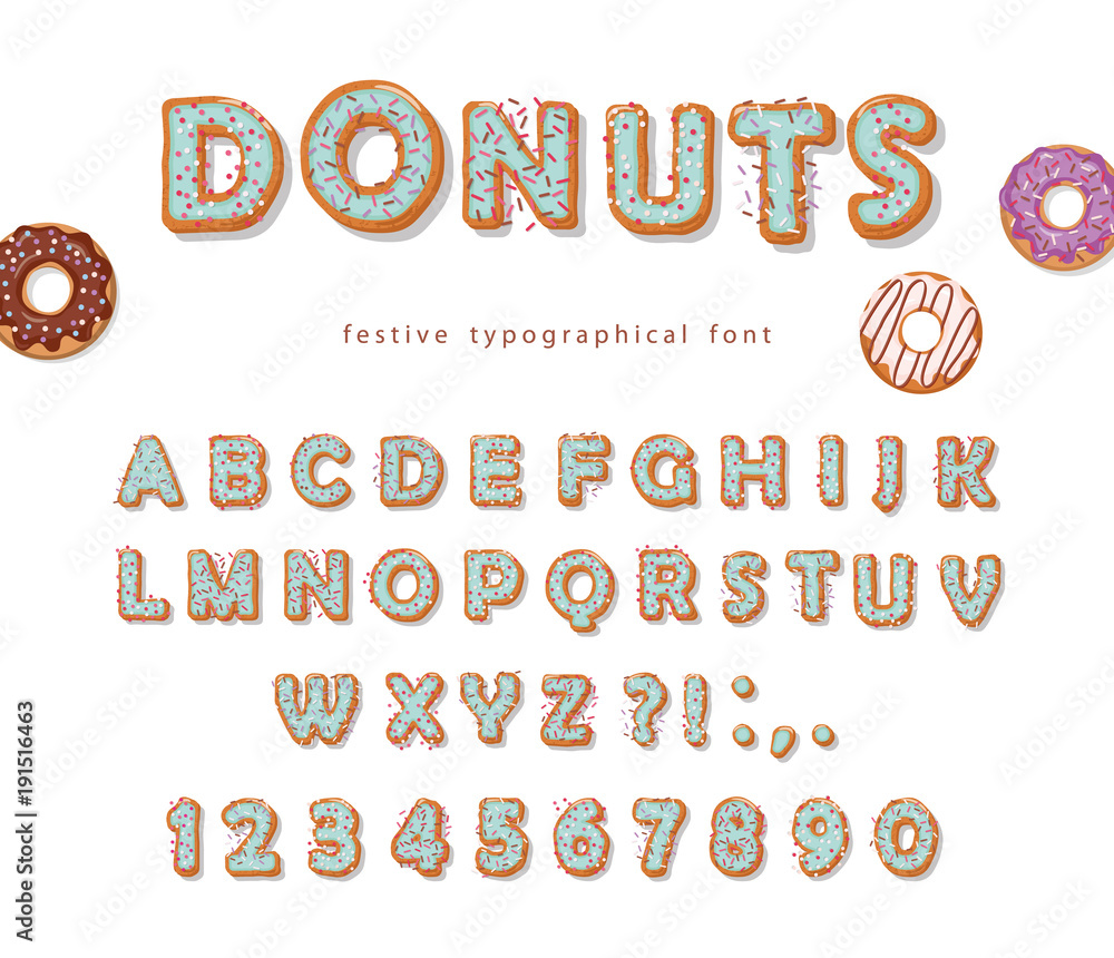 Donuts hand drawn decorative font. Cartoon sweet letters and numbers ...