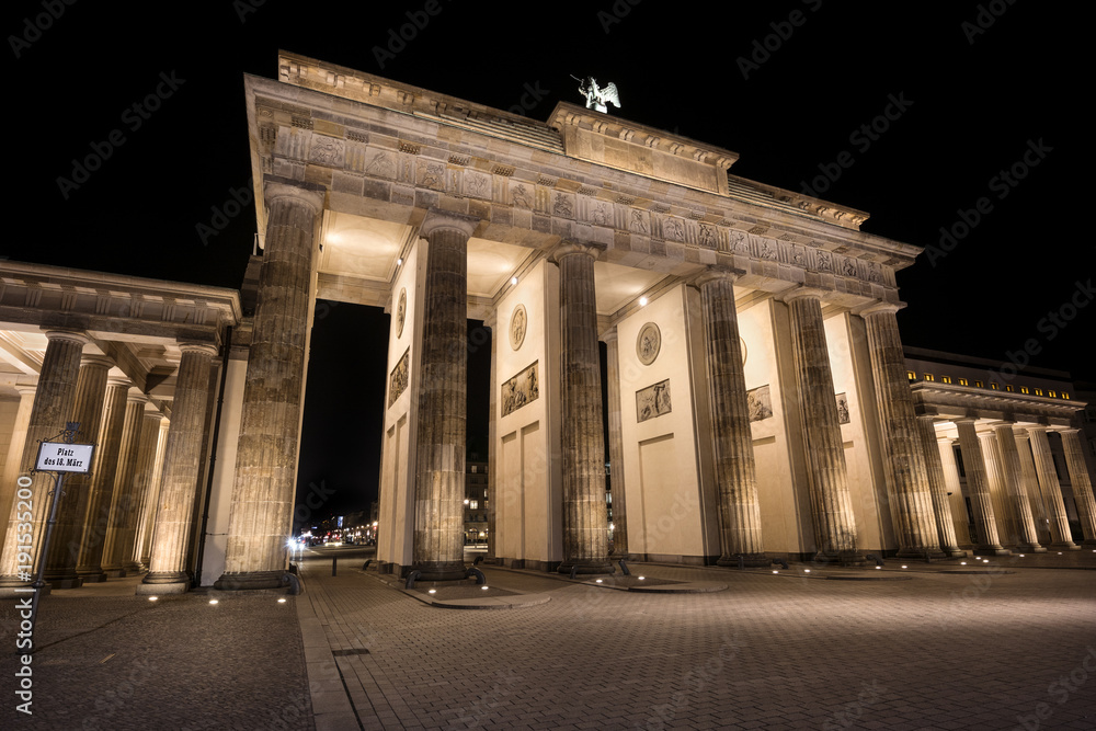 Germany, Berlin: Detail of illuminated Brandenburg Gate (Brandenburger ...