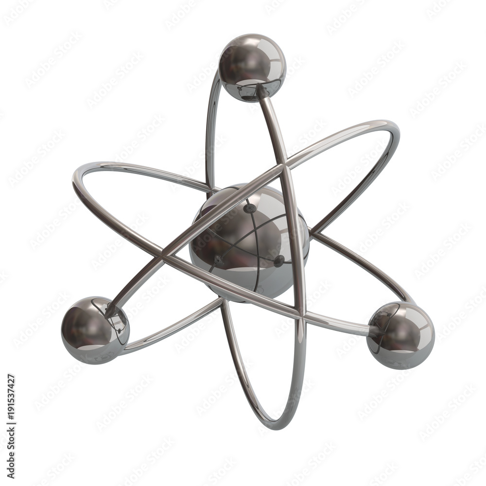 3D illustration silver metal atom symbol on white background Stock ...