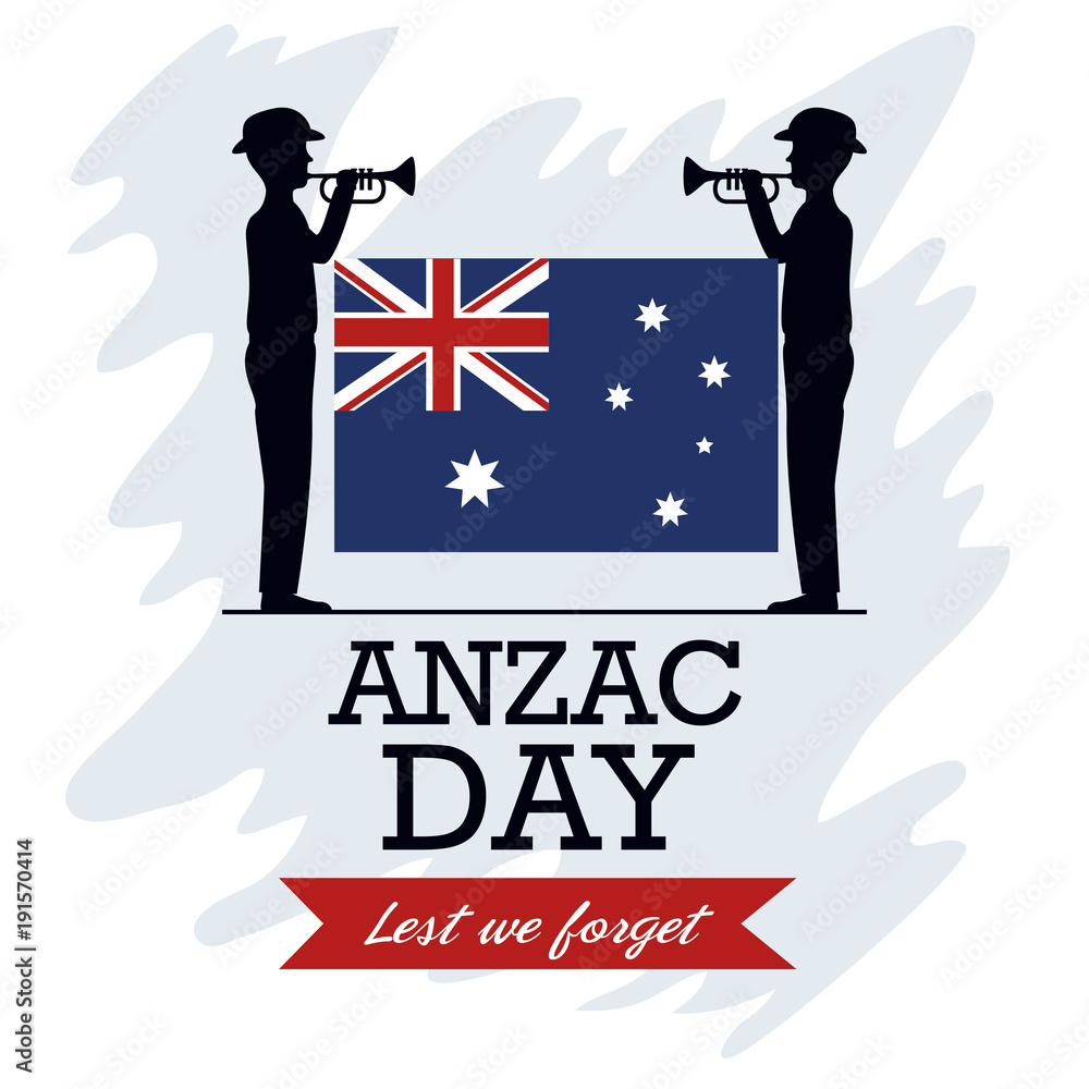 anzac day background with soldiers blowing trumpet with text Lest we ...