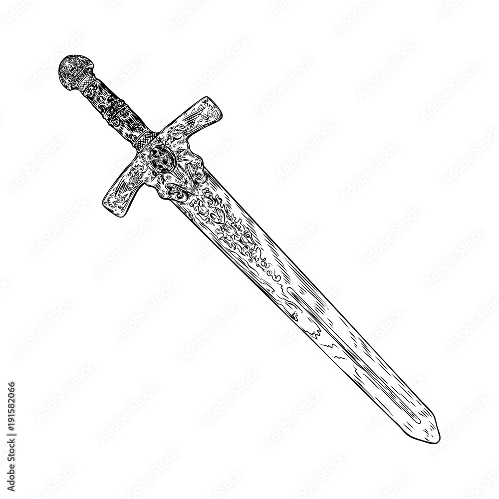 Medieval cold weapon. Warrior weapons sword. Hand drawn antique ...