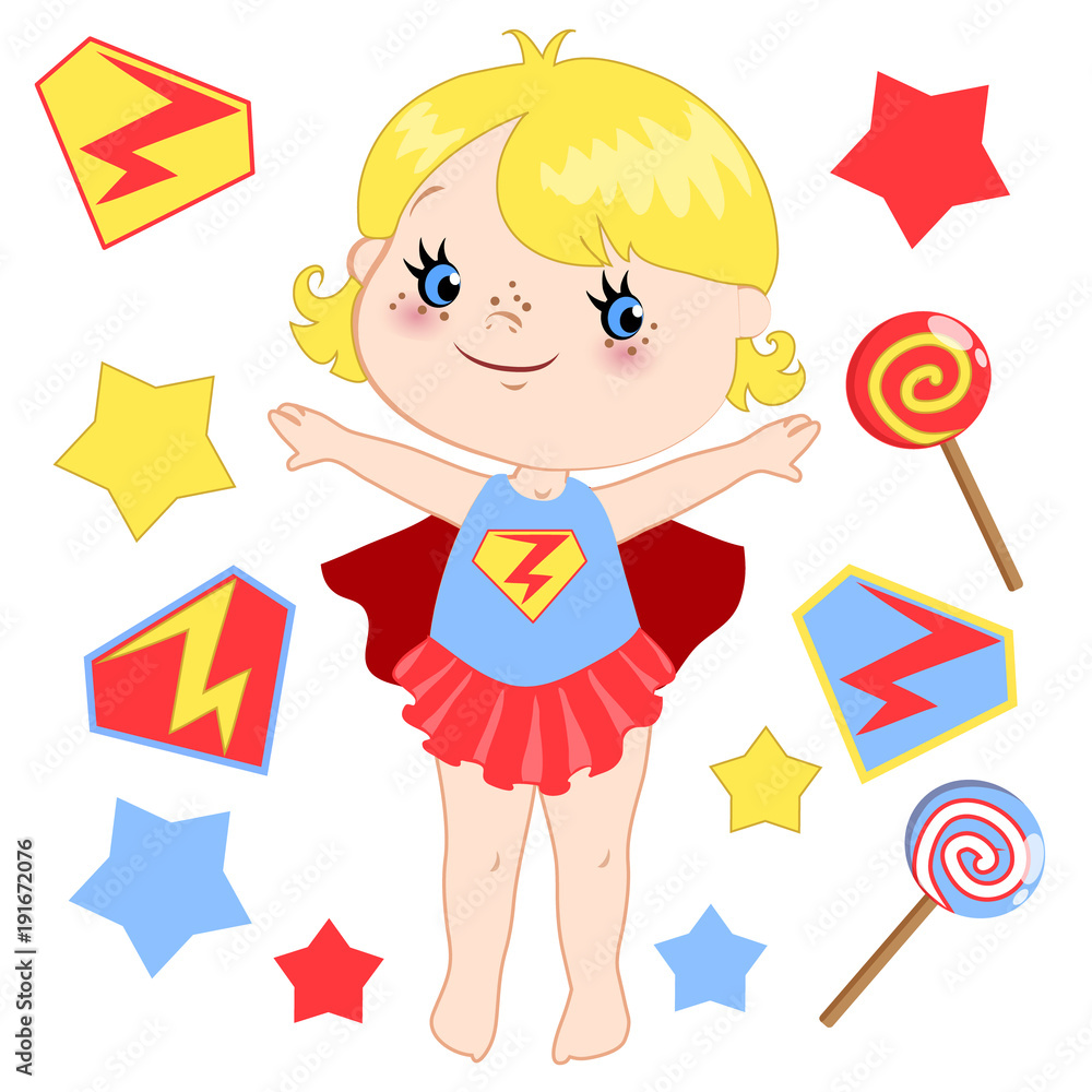 Cute cartoon superhero girl vector clip art set. Stock Vector | Adobe Stock