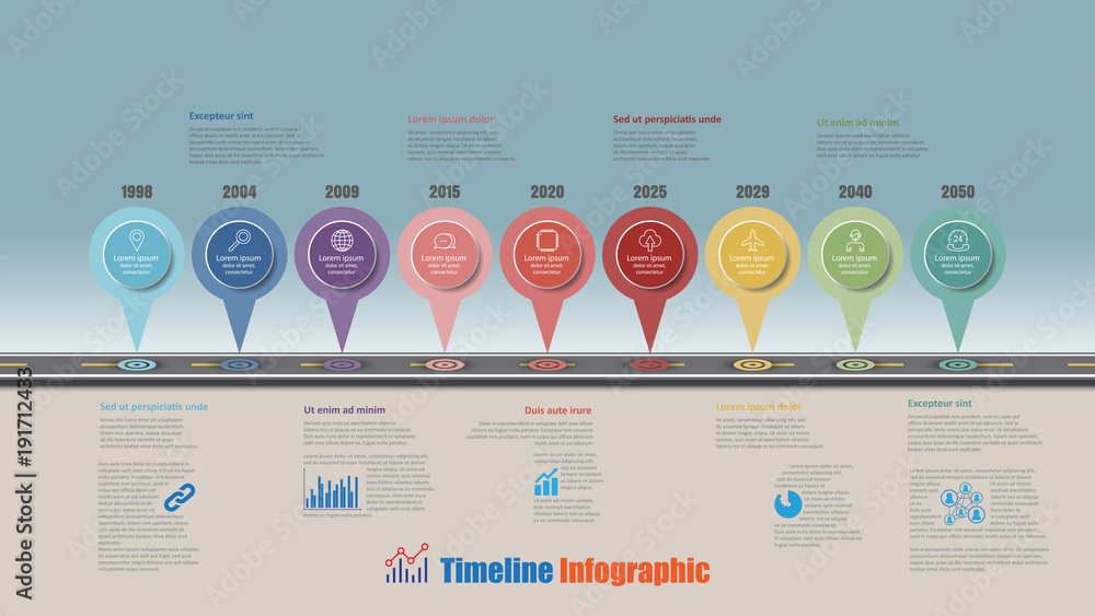 Road map business timeline infographic with 9 step pins designed for ...