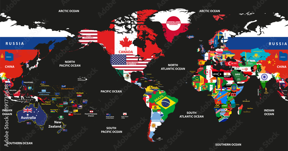 vector illustration of world map jointed with national flags with ...