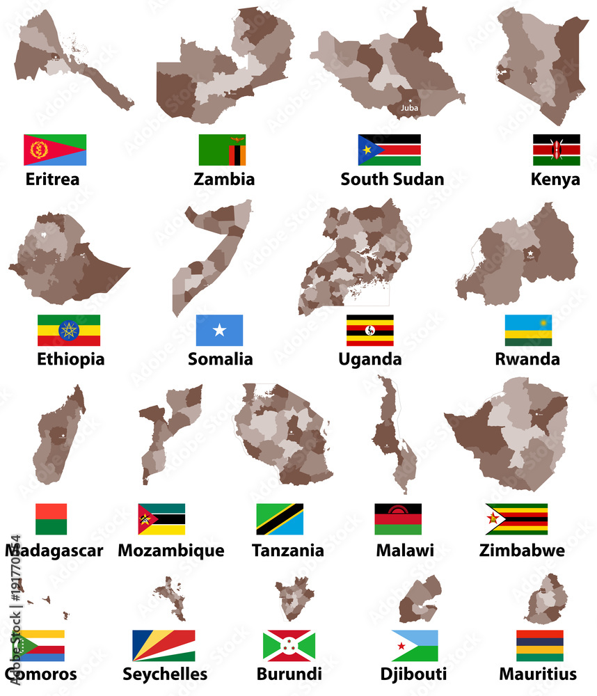 Eastern Africa countries with administrative divisions (regions borders ...