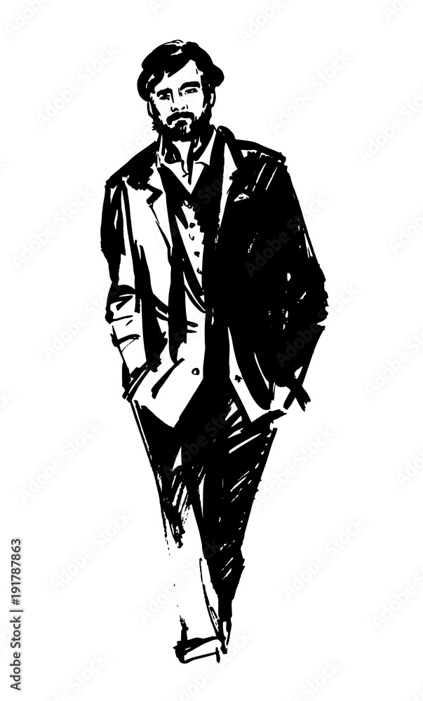 Vetor Vector sketching illustration of fashionable man walking in ...