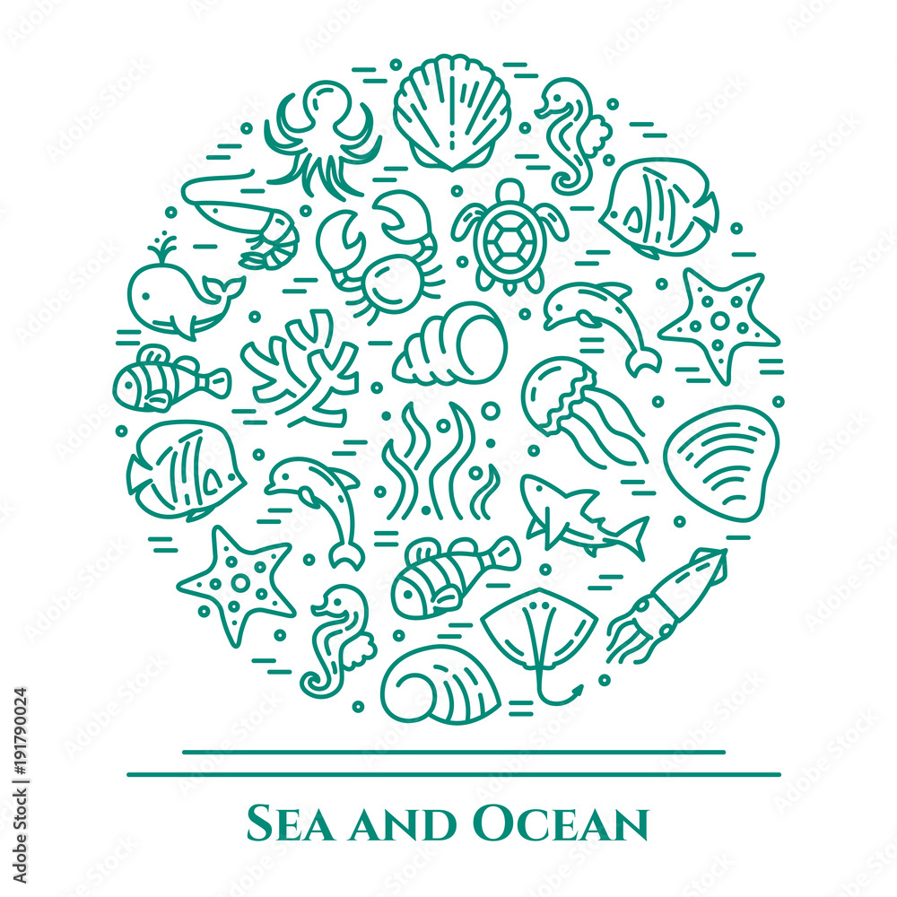 Marine theme aquamarine and white banner. Pictograms of fish, shell ...