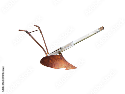 Agricultural old manual plow isolated over white background ...