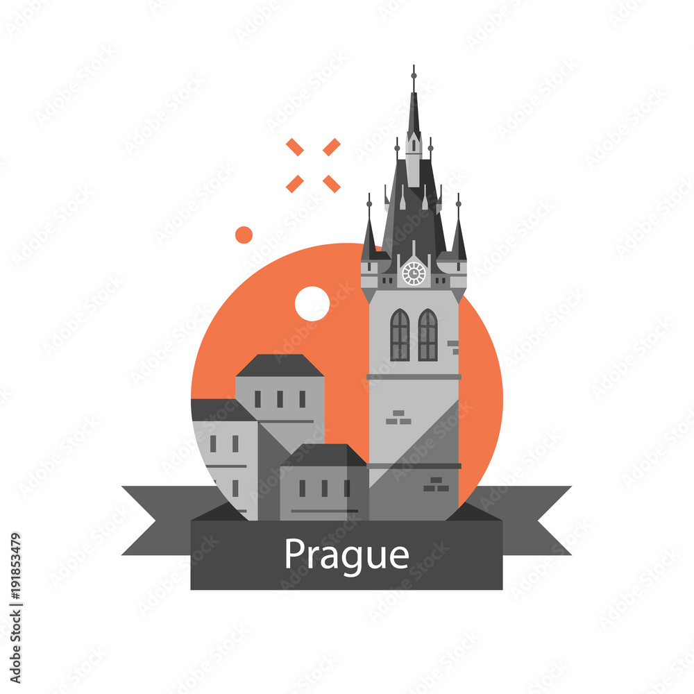 Prague symbol, old town, tower with clock and group of houses, Czech ...