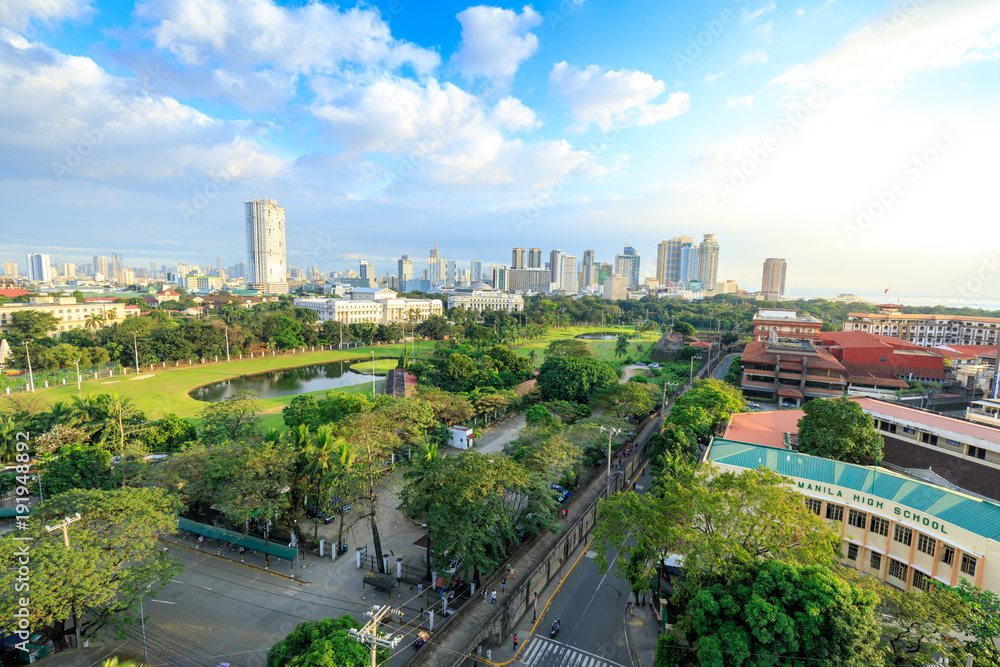 Manila city skyline in Philippines. Ermita and Paco districts seen from ...