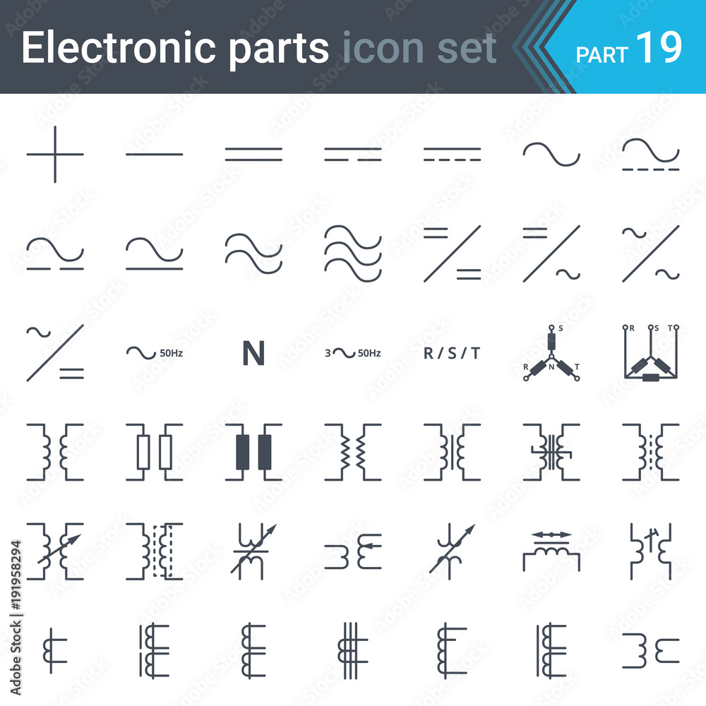 Electric symbols set of current, three-phase connections and electrical ...