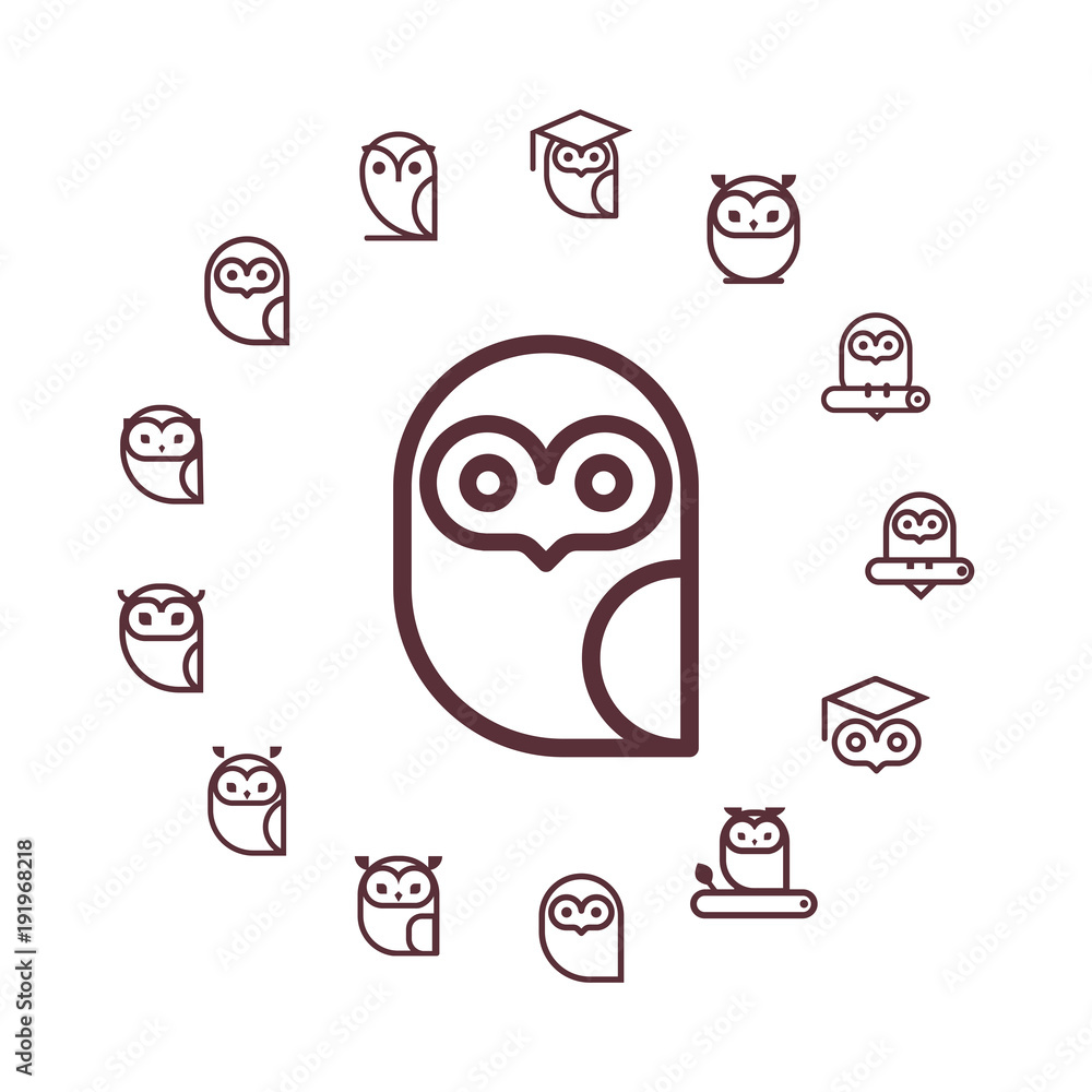Owl outline icons collection. Set of outline owls and emblems design ...