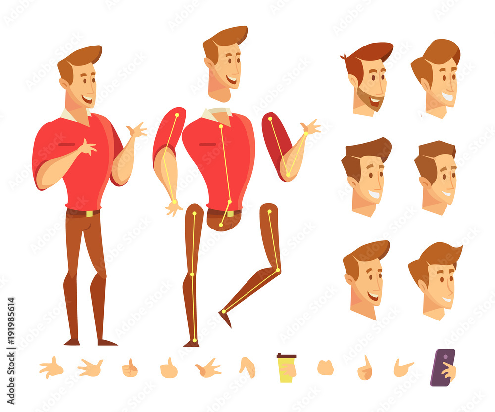 Young man constructor with various hairstyles and gestures. Separate ...
